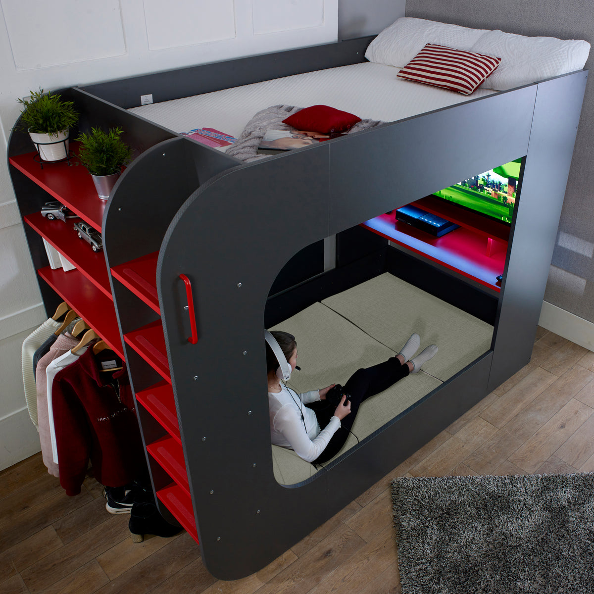 Podbed Gaming Bed with Small Double Bed, Sofa Bed, Built-In Desk, Stor ...